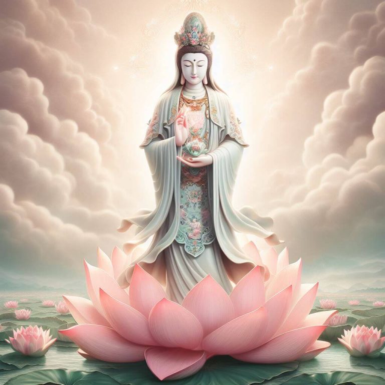 Quán Thế Âm Bồ Tát đứng trên đài sen - PhotoCute | Tải ảnh miễn phí